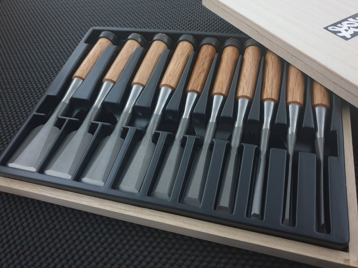 Kanetomo SFS Oire Nomi | 10 Piece Japanese Chisel Set (w/ Timber Box ...